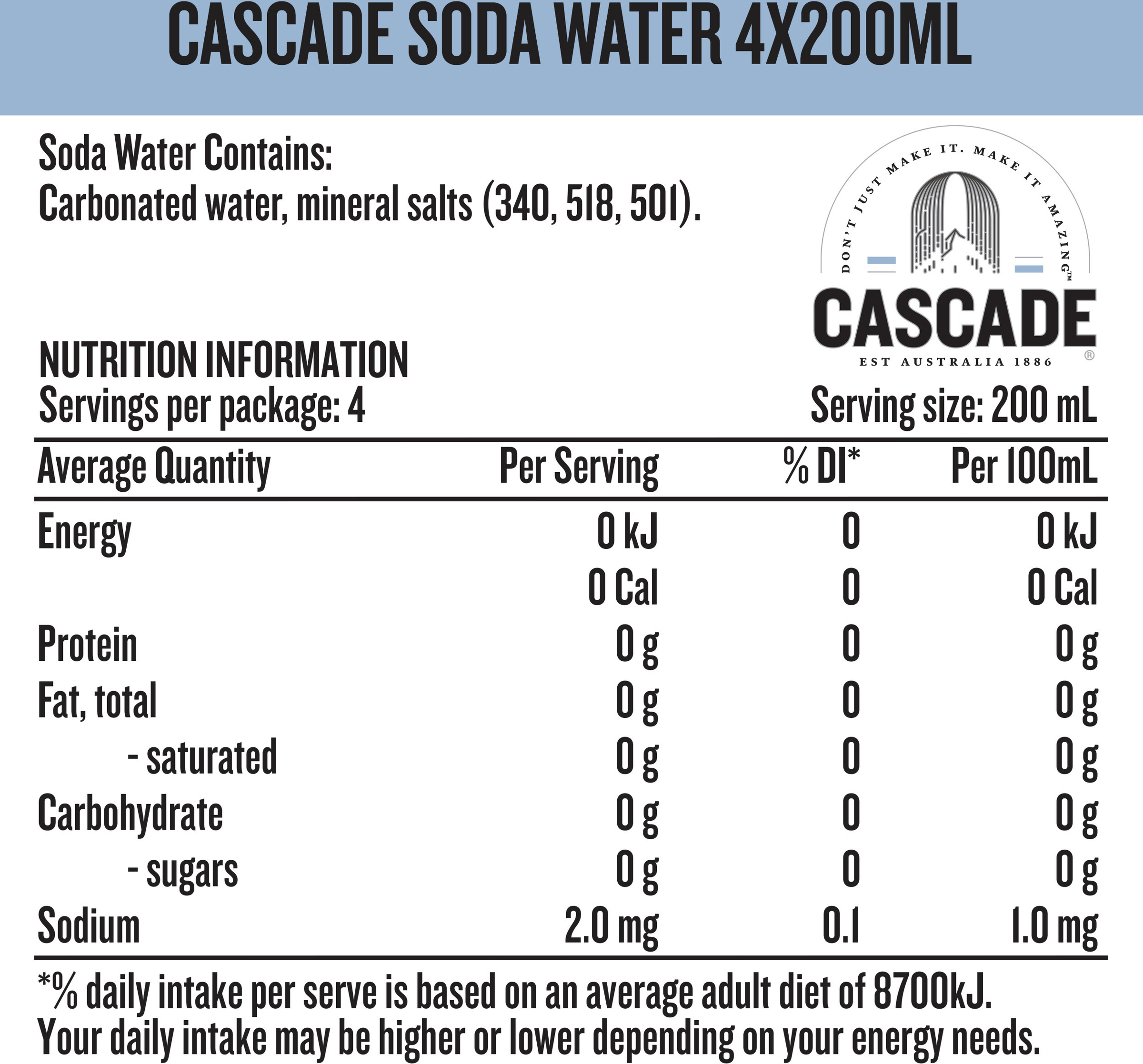 Cascade Soda Water Can 200mL 4Pk | Liquorland