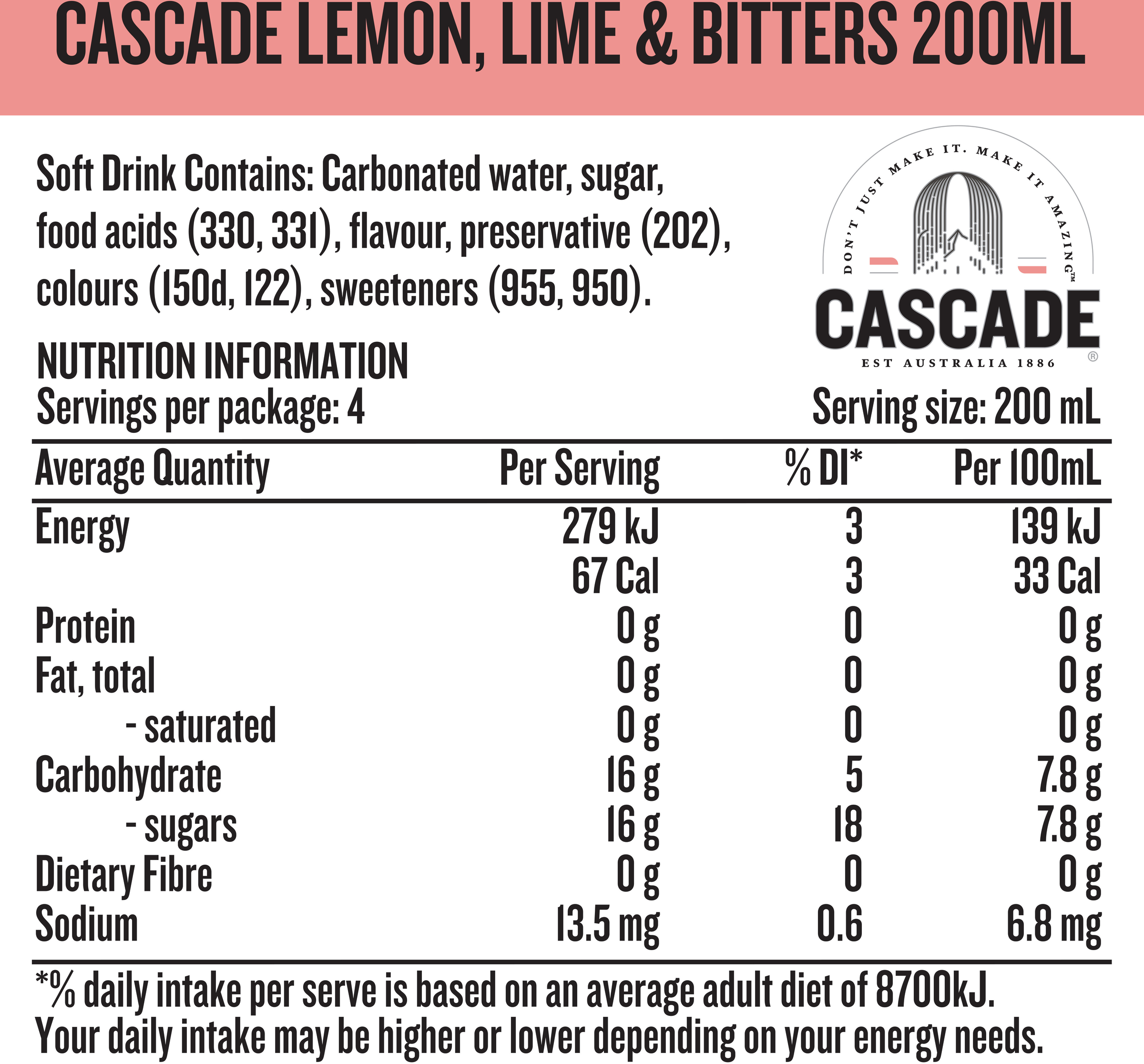 Cascade Lemon Lime & Bitters Can 200mL 4Pk | Liquorland