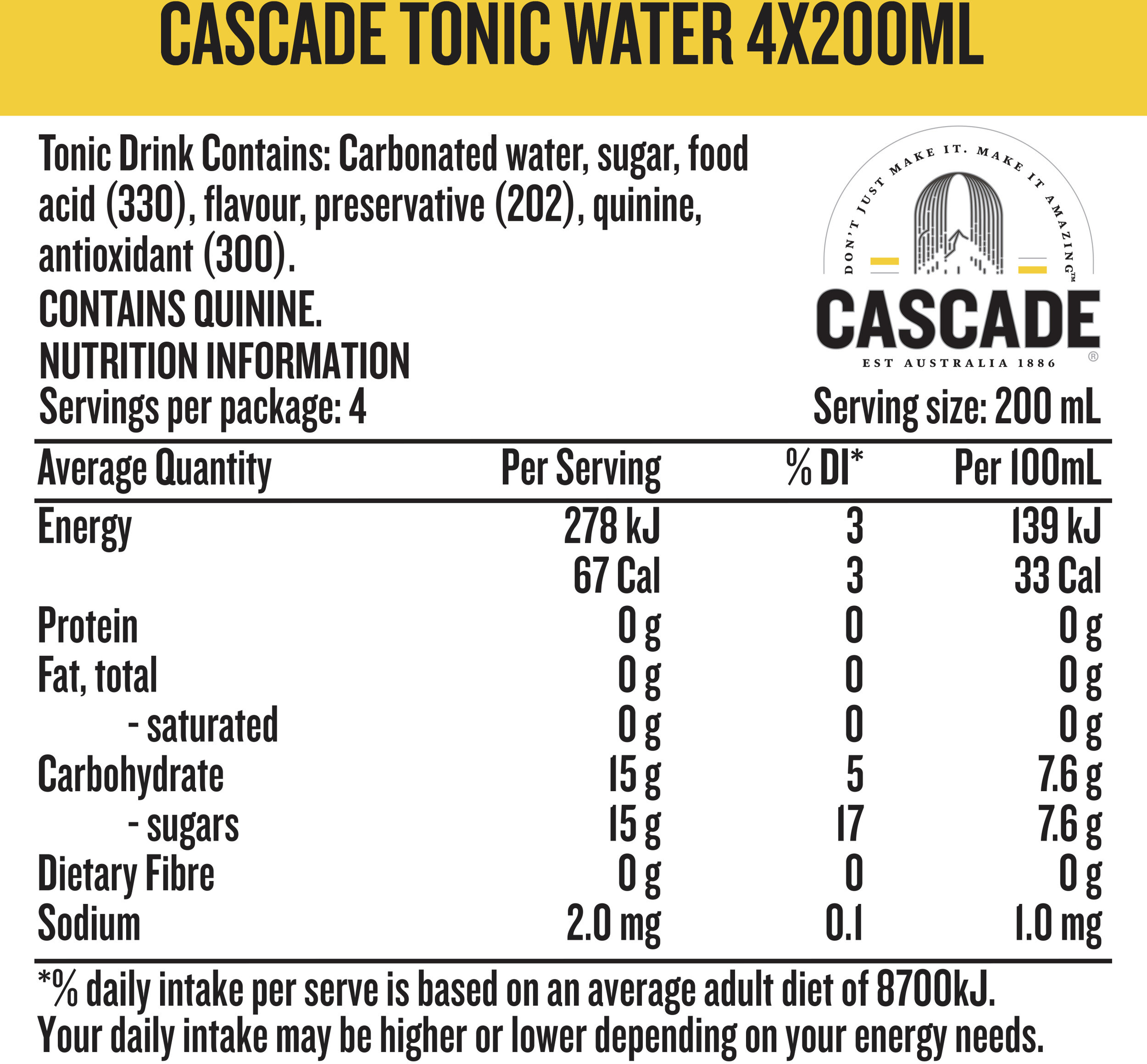 Cascade Tonic Water Can 200mL 4Pk | Liquorland