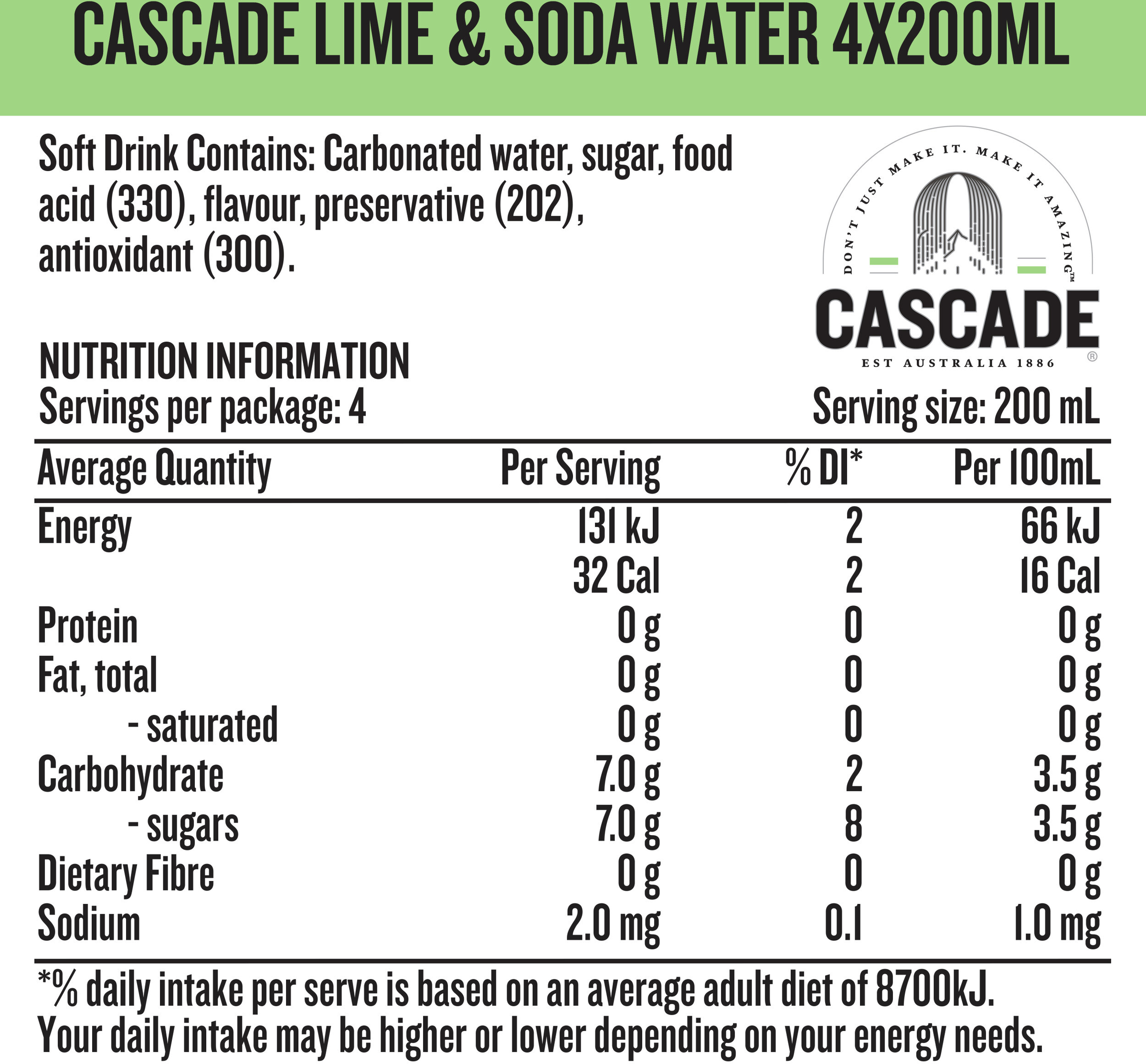 Cascade Lime & Soda Can 200mL 4Pk | Liquorland