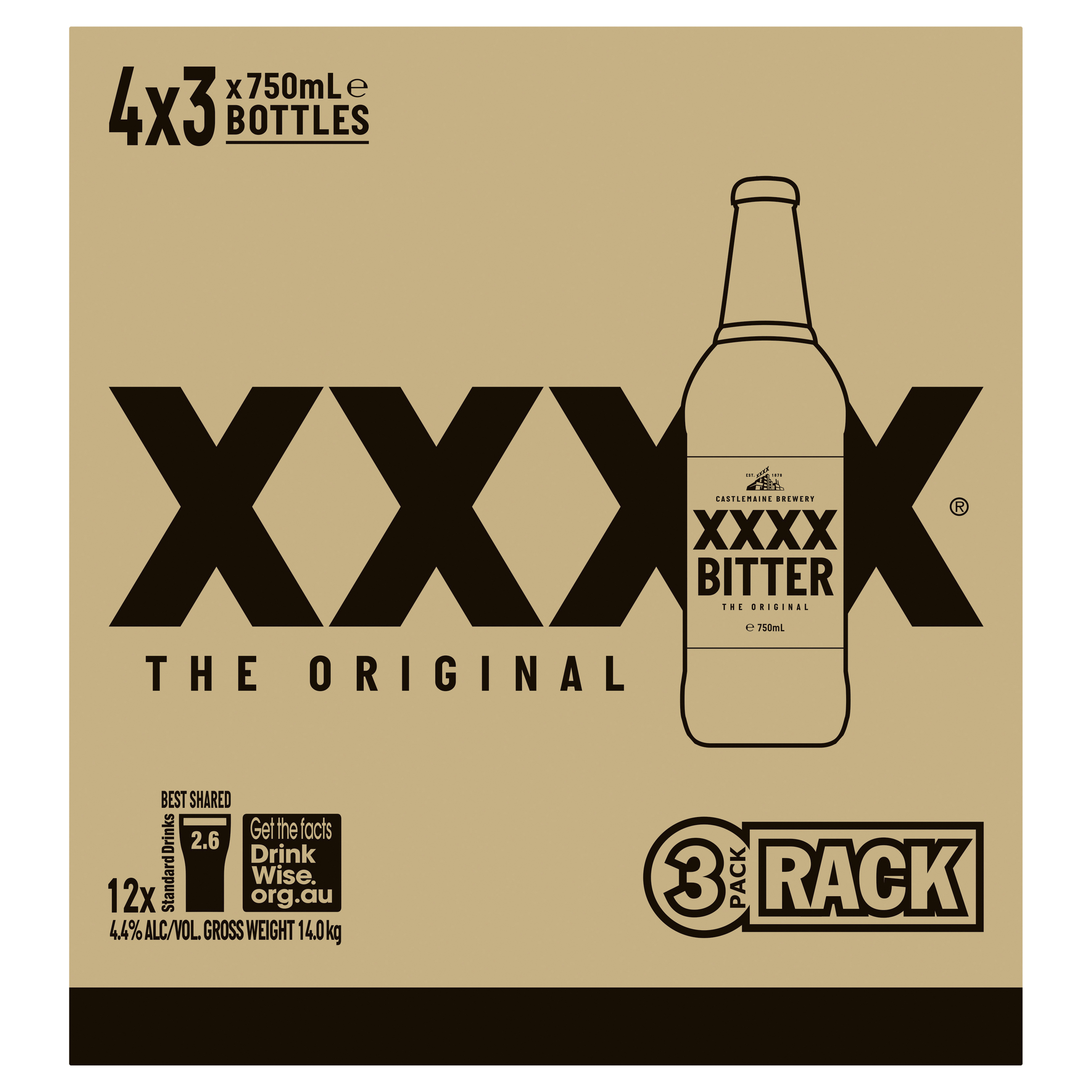 XXXX Bitter Rack Pack Bottle 750mL - Single, 3 & 12 Pack Deals
